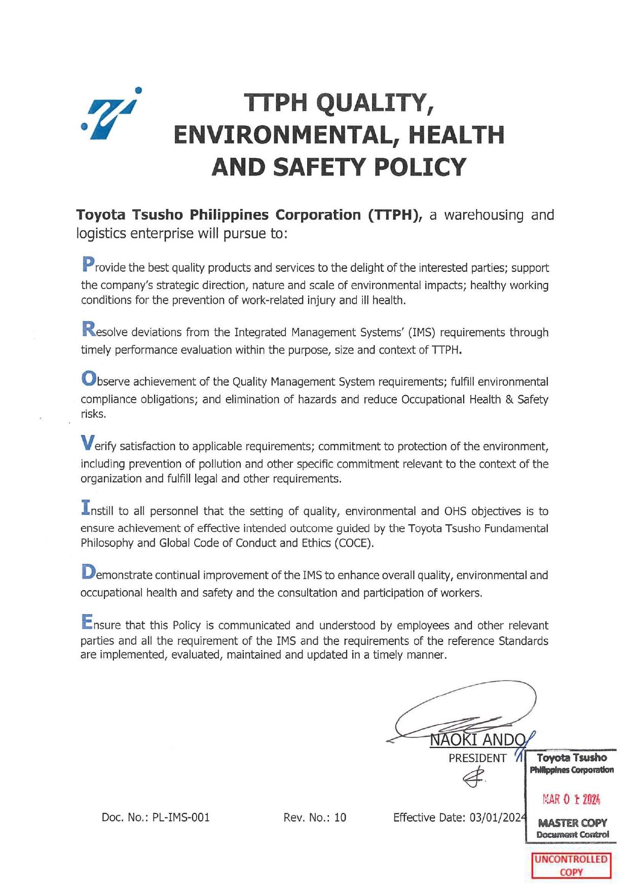 Policy - Toyota Tsusho PH - Living and prospering together with people.